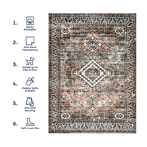 nuLOOM 8x10 Machine Washable Rain Haven Vintage Medallion Area Rug, Rust, Traditional Faded Design, Non-Slip Backing, Stain Resistant, For Bedroom, Dining Room, Living Room, Kitchen