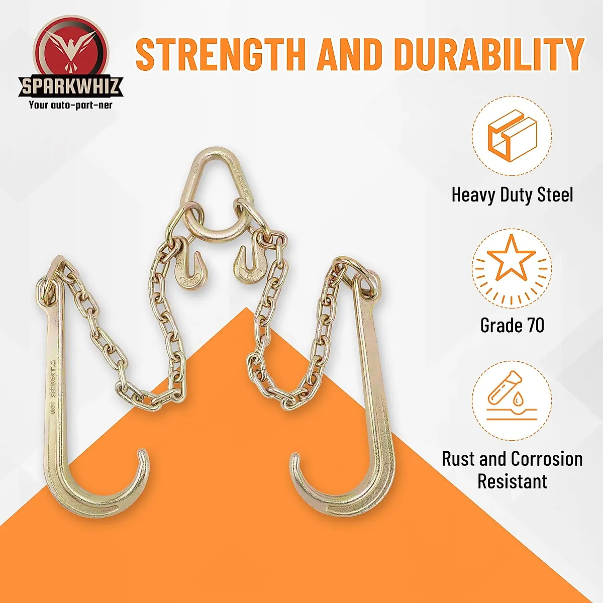 SPARKWHIZ G70 J Hook Tow Chain V Bridle with 15" J Hooks, 5/16'' Grab Hooks, 2ft Legs, Flatbed Truck Safety Chains 5,400 lbs
