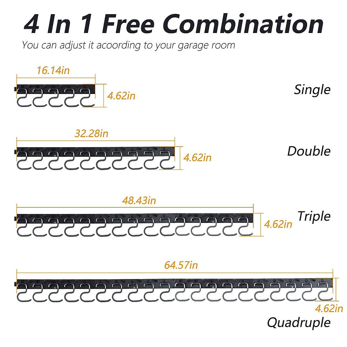 WellMade 64'' Adjustable Garden Tool Organizer, Garage Storage System Hooks, Wall Mount Tool Organization, Yard Tool Storage Rack, Shovel Broom Rake Holder, Black