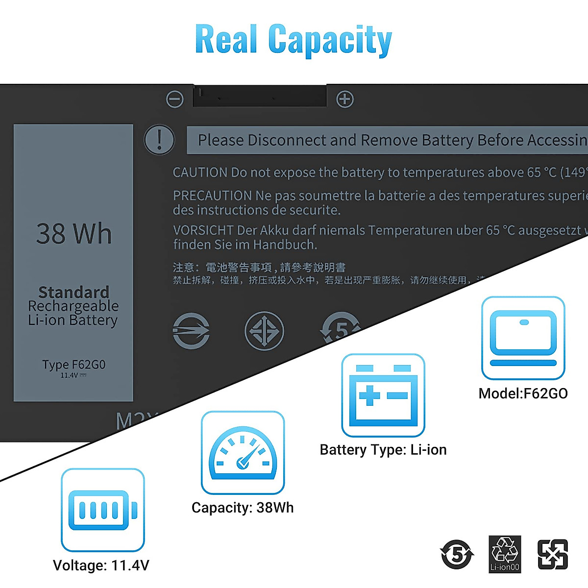 WELLBOB F62G0 Battery for Dell Inspiron 7373 Inspiron 13 7000 Battery 2 in 1 Fit for Inspiron 13 7373 7386 7370 7380 5370 Vostro 13 5370 P83G P87G - [ROJC3 F62G0 39DY5 Battery 38Wh with Warranty]