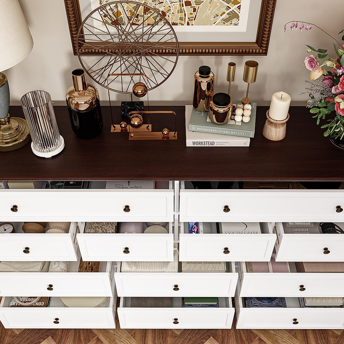 ECACAD Vintage Storage Dresser with 12 Drawers & Brown Top, 61" L Wood Double Dresser Chest of Drawers with Metal Handles for Bedroom, Living Room, White