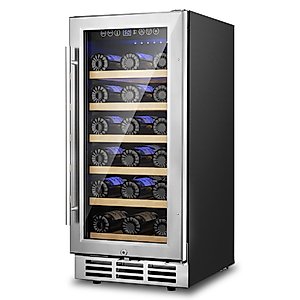 15 Inch Wine Cooler Refrigerator, 30 Bottle Wine Fridge with Removable Shelves, Wine Fridge Under Counter for Built-In or Freestanding, Wine Refrigerator with Double-Layer Glass Door, for Home, Office
