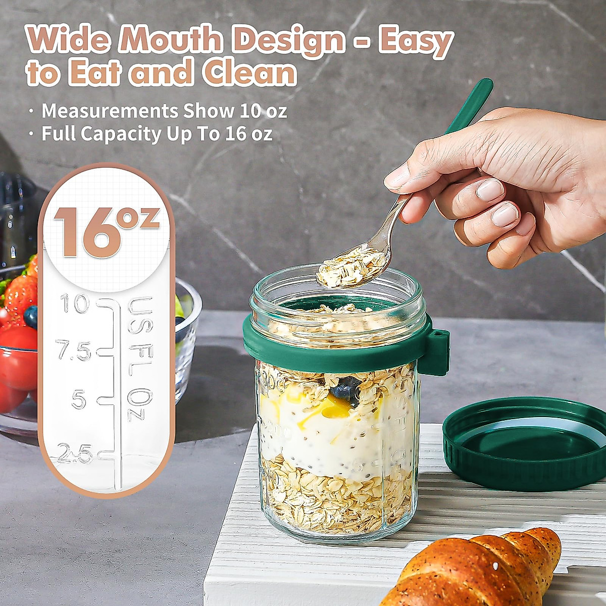 DRKIO 4 Pack Glass Overnight Oats Containers with Lids and Spoons 16 Oz Mason Jars for Overnight Oats Jars Leak Proof Oatmeal Container Meal Prep Jar for Cereal Fruit Vegetable Milk Salad Yogurt