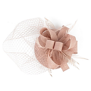 Focupaja Fascinators Hats Women Pillbox Hat with Mesh Veil Feathers Derby Headband Wedding Headwear Tea Party Hair Clip 20s 50s Top Hat W4-38-Pink