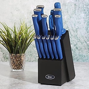 Oster Langmore 15 Piece Stainless Steel Cutlery Knife Block Set W/Black Box – Classic Blue Handles