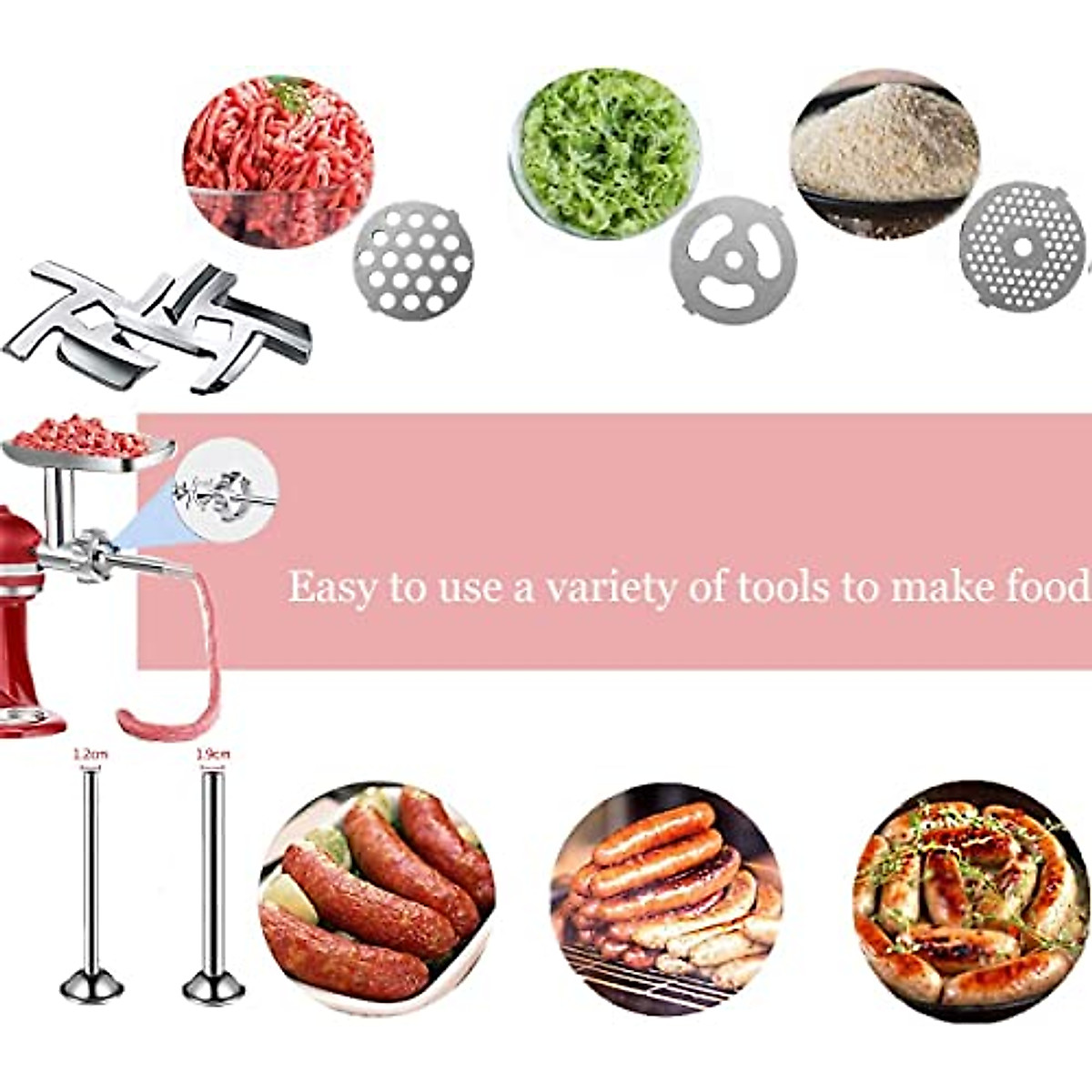 Metal Food Grinder Attachment for KitchenAid Stand Mixers， Meat Grinder Kitchen Aid Asseccories for KitchenAid，Includes 2 Sausage Stuffer Tubes, 4 Grinding Plates，Silver