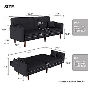 LCH Loveseat Futon, Convertible Sleeper Sofa Couch Bed in Cotton Linen Fabric for Living Room Bedroom Dorm Apartment Studio, Wood Legs, Black