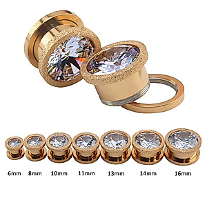 ZS Rose Gold Stainless Steel Screw Big Cubic Zirconia Ear Gauges Plugs Tunnels Expander Body Piercing (Gauge=00g(10mm))