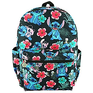 Lilo and Stitch 16 Inch Allover Print Backpack with Laptop Sleeve (Black W/Side Pockets)