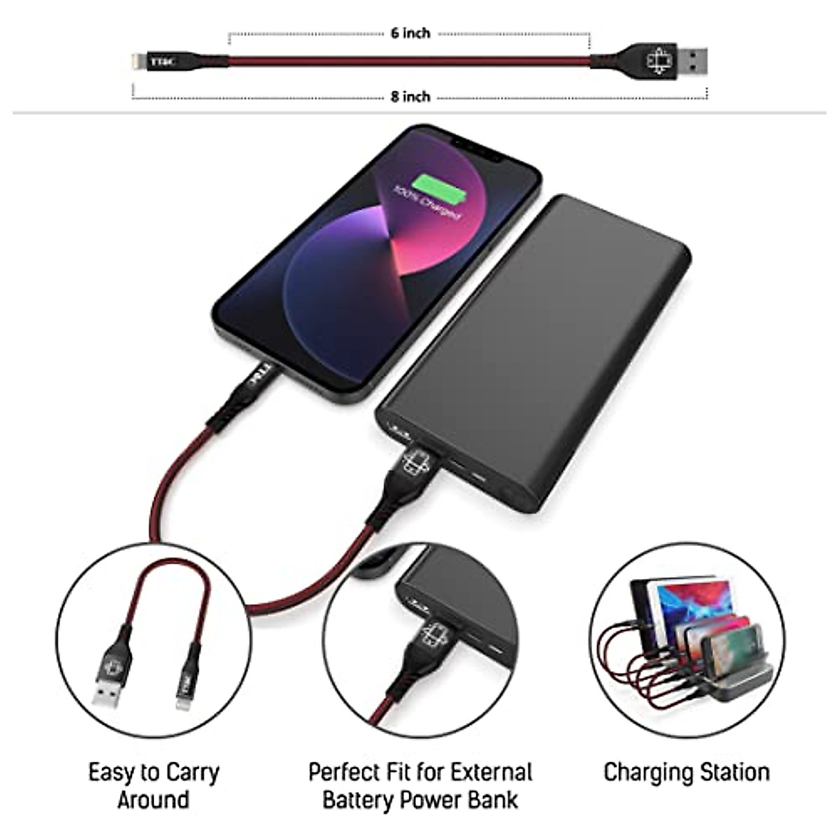 TT&C Short iPhone Cable 6 inch Charger Sync and Charging Data Cord for iPhone 14/14 Pro/ 14 Pro Max/ 13/13 Pro / 12/11/ Xs/Xs Max/Xr/X/ 8 Plus/iPad (Red)