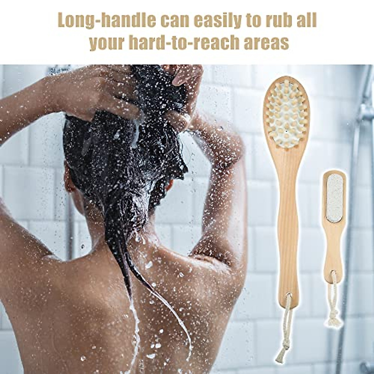 VOCOSTE Dry Brushing Body Brush Set, Shower Brush with Soft and Stiff Bristles, Dual Sided Long Handle Back Scrubber, Face Exfoliator for Wet or Dry Brushing