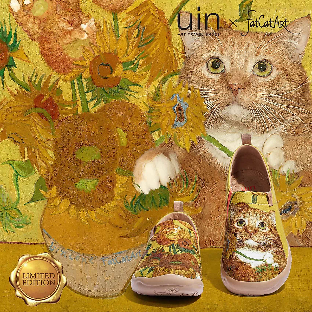 UIN Women's Art Travel Shoes Slip On Casual Loafers Lightweight Comfort Fashion Sneaker Fat Cat Art Toledo Ⅰ Sunflowers and Cat (9.5)