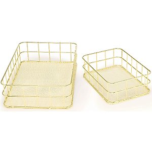 Set of 2 Nested Classic Gold Mesh Wire Basket Trays for Storage and Organizing (Medium: 9.6” X 6.4”; Small: 6.7" ×4.7")