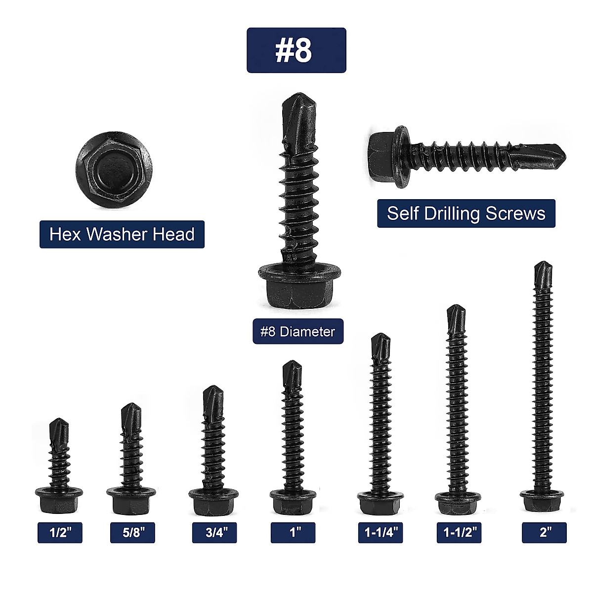 #8 x 1" Sheet Metal Screws 100PCS 410 Stainless Steel Hex Washer Head Tek Screws Fast Self Tapping Screws Black Oxide by SG TZH