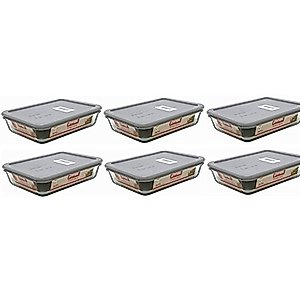 Pyrex (6) 7210 3-Cup Rectangle Clear Glass Food Storage Containers & (6) 7210-PC Grey Plastic Lids, Made in USA