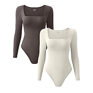 OQQ Women's 2 Piece Sexy Ribbed One Square Neck Long Sleeve BodySuit, Tea Leaf Beige, Small