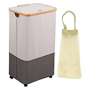 Large Laundry Hamper with Lid - Collapsible Laundry Baskets with Wheels and Removable Laundry Bag, 105L Capacity Dirty Clothes Hampers with Handles for Living Room, Bedroom, Laundry Room, Beige+Grey