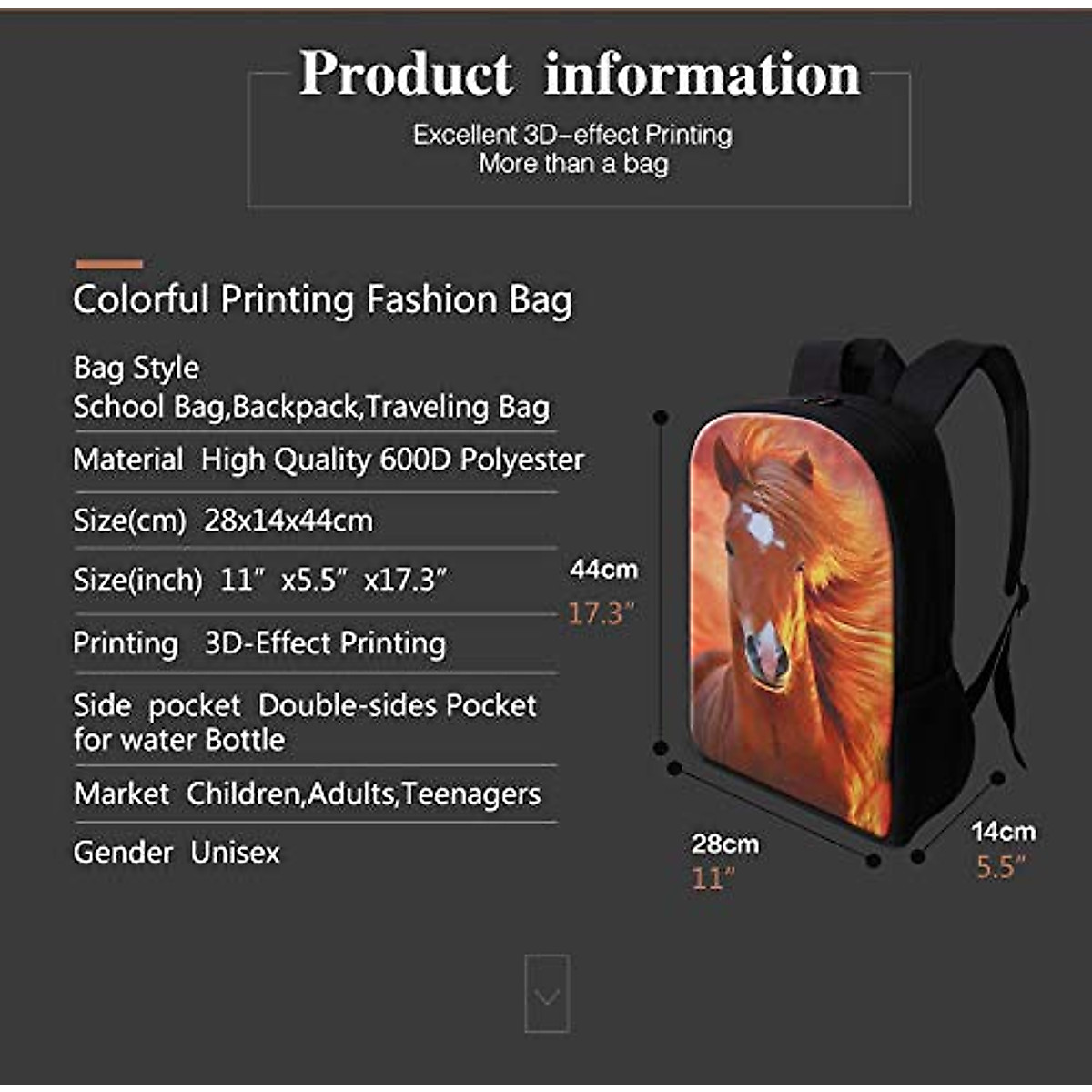 Generic Fashion Adult Horse Backpack College Students Bookbags