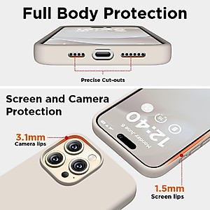 COFFKER Compatible with iPhone 15 Pro Max Case, Liquid Silicone Case, Full Body Shockproof Protective Cover Slim Thin Phone Case with [Soft Anti-Scratch Microfiber Lining], 6.7 inch-Stone
