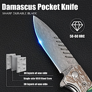 otrlenur Damascus Pocket Knife with Unique Abalone Shell Handle,Handmade Forged Damascus Steel Folding Knife, EDC Knife with Safety Liner Lock, for EDC Men Outdoor Collecting Gift