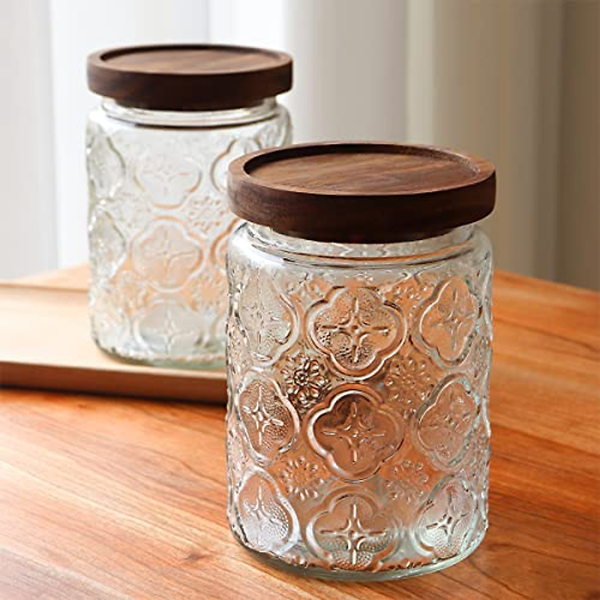 HolaJia Glass Jar with Lid – 24oz Glass Storage Containers – Premium Jars with Airtight Lids for Coffee, Rice, Sugar – Decorative Cookie Jars for Kitchen Counter, Pantry(Begonia flowers)