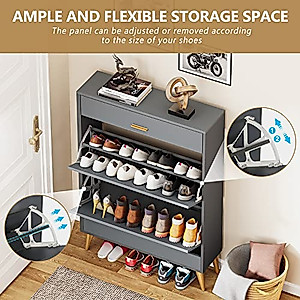 Tribesigns Shoe Cabinet, Modern Shoe Storage Cabinet with 2 Flip Doors and Drawer, Grey Narrow Shoe Organizer Rack for Entryway, Closet (Gray)