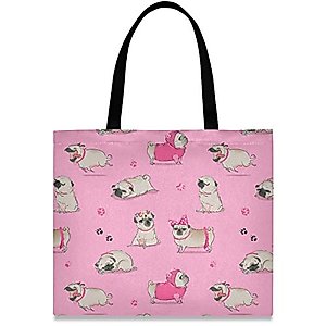 visesunny Women's Extra Large Canvas Tote Shoulder Bag Cute Cartoon Pug Top Storage Handle Shopping Bag Casual Reusable Tote Bag for Beach,Travel,Groceries,Books