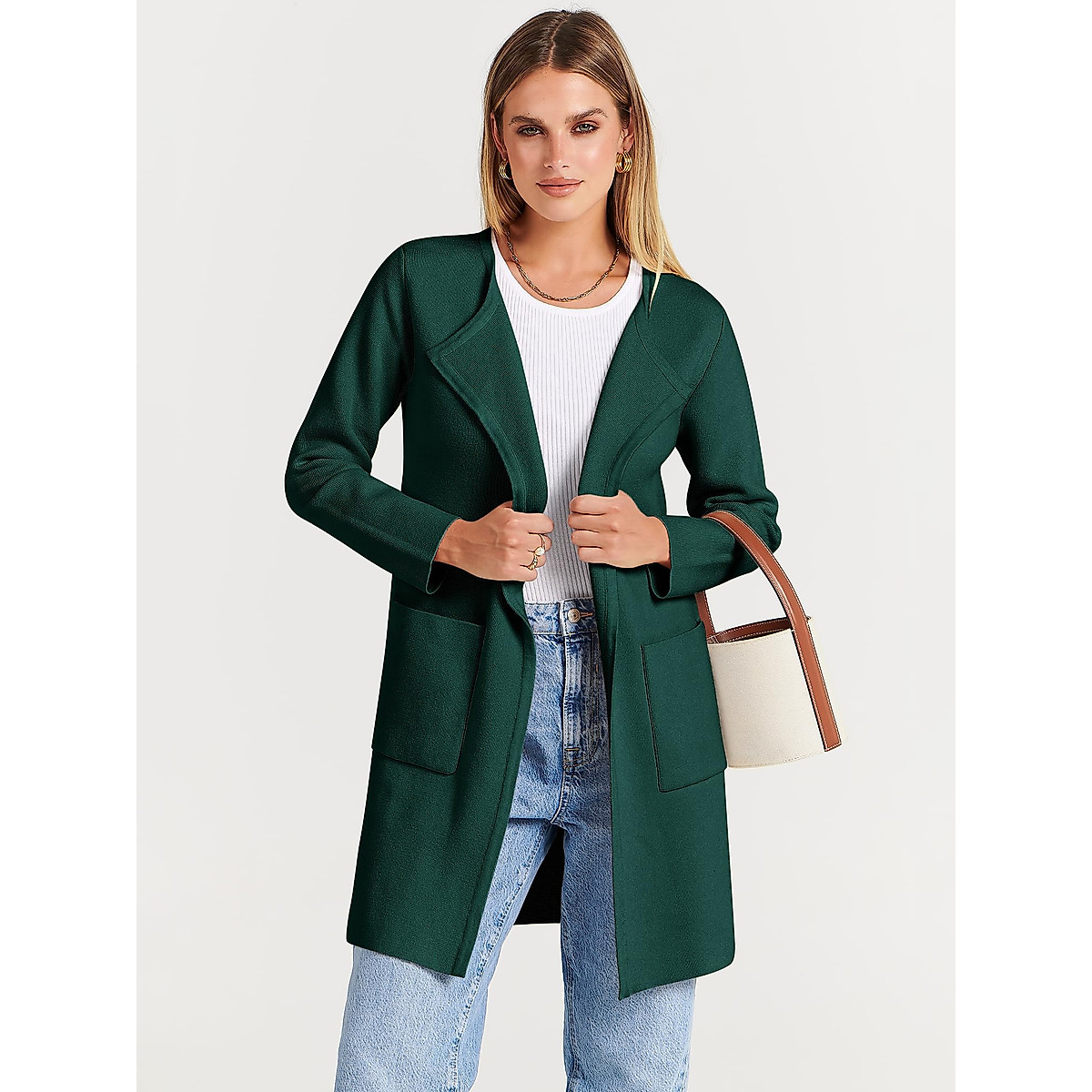 ANRABESS Women's Open Front Knit Lightweight Cardigan Casual Long Coatigan Sweater Lady Jacket Coat 2025 Fall Outerwear Opal Green Large
