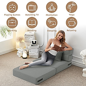 FILUXE Convertible Folding Sofa Bed - Sleeper Chair with Pillow, Modern Linen Fabric Floor & Futon Couch, Foldable Mattress for Living Room/Dorm/Guest Use/Home Office/Apartment, Single Size Light Gray