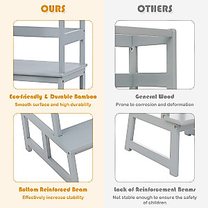 Costzon Kids Kitchen Step Stool with Safety Rail, Toddler Kitchen Stool w/Solid Bamboo Construction, Child Stand Helper for Kitchen Bathroom Living Room, Perfect for Toddler from 18-36 Months (Grey)