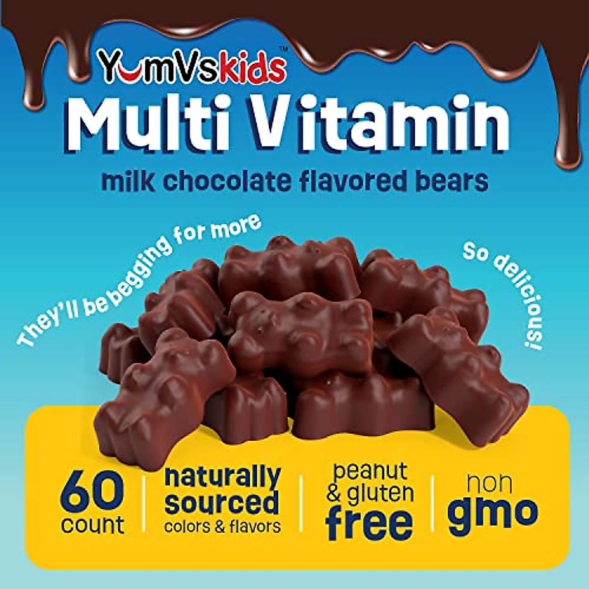 Yum-Vs - Kids Multivitamin Chewable Chocolate Bears - Multivitamin for Kids Supplement - 16 Vitamins & Minerals - Kids Vitamins Including D, Zinc, C, B Complex & More, Multi Vitamins for Kids 60 Count