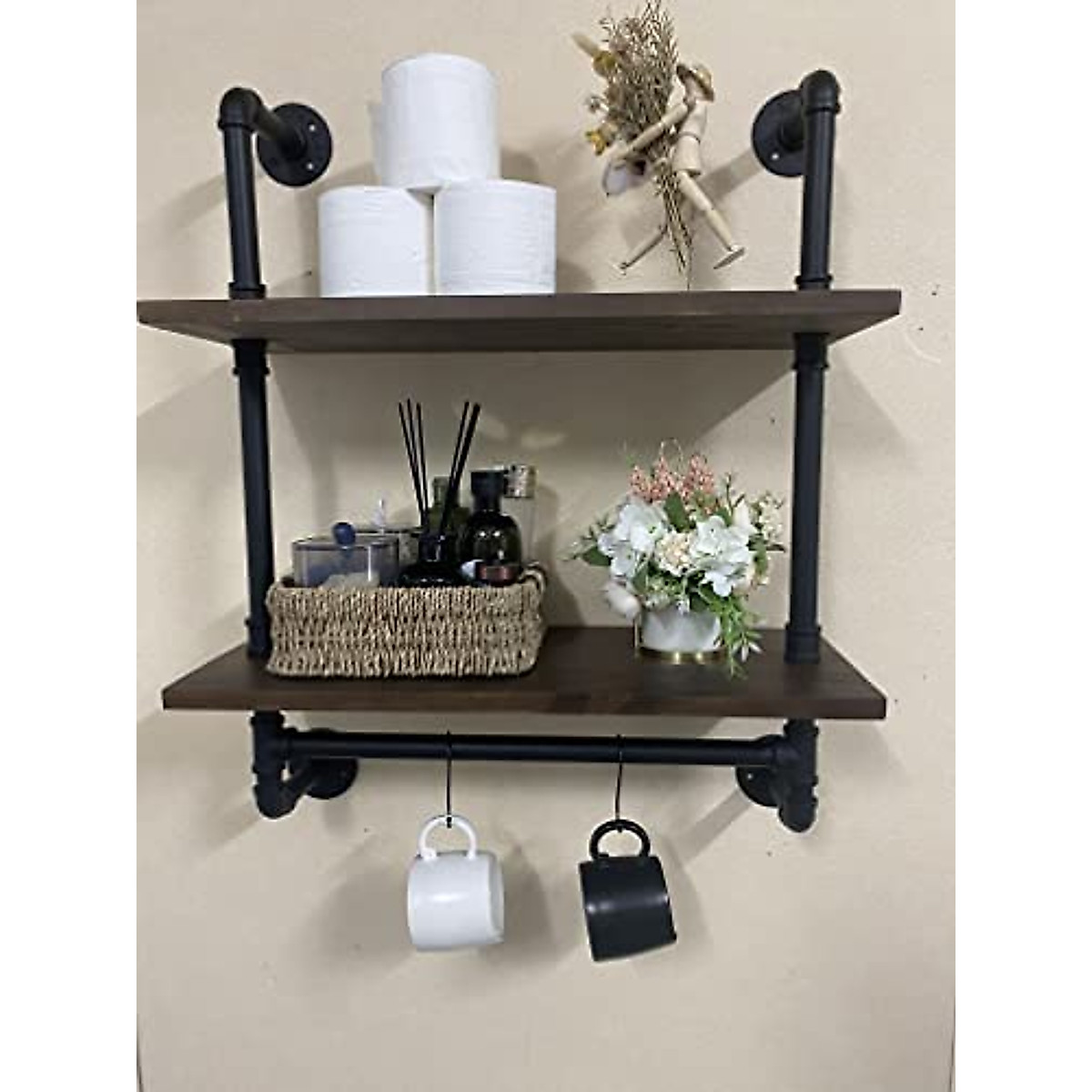 MEYRUOXI Pipe Shelves Industrial Pipe Shelving Industrial Bathroom Shelves with Towel bar,24 in Rustic Metal Pipe Floating Shelves Pipe Wall Shelf,2 Tier Industrial Shelf Wall Mounted with Hook