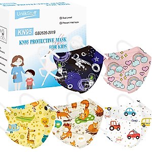 UniikStuff Kids KN95 Face Masks for Children - 50 Pack Individually Wrapped 5-Layer Multicolor Cute Print KN95 kids Disposable Face Masks with Adjustable Nose Clip Suitable for Children