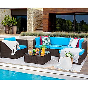 Flamaker 6 Pieces Patio Furniture Set Outdoor Sectional Sofa Outdoor Furniture Set Patio Sofa Set Conversation Set with Cushion and Table (Blue)