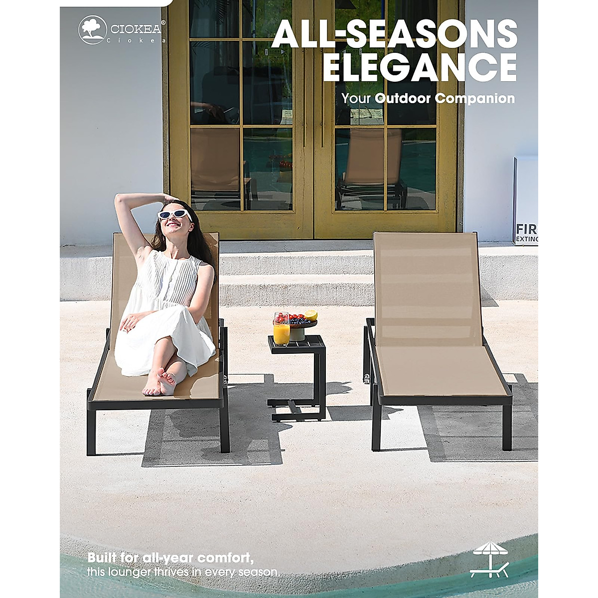 Aluminum Chaise Lounge Chair Outdoor with Wheels, Patio Lounge Chair with Adjustable 5-Position Recliner and Full Flat Tanning Chair for Patio, Beach, Pool, Khaki