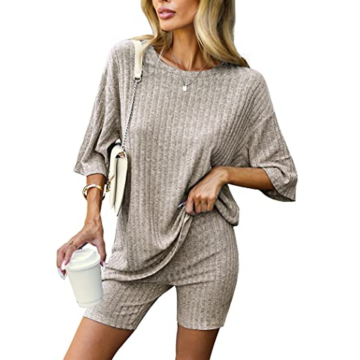 Ekouaer Pajamas 2 Piece Lounge Sets Ribbed Knit Matching Outfits T-shirt Biker Shorts Sleepwear Loungewear Sweatsuits Camel Large