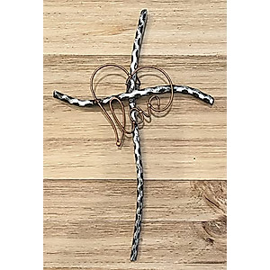 Top Brass Love/Heart Decorative Metal Wall Cross - Welded Wrought Iron - Valentine, Anniversary Jesus Art Decor - Antigue Silver/Copper Finish