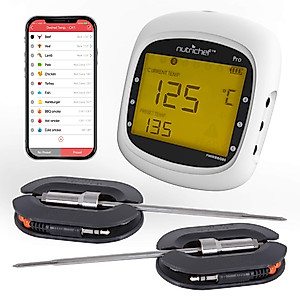 Wireless Bluetooth BBQ Digital Thermometer - Upgraded Stainless Smart Dual Grill Probes w/ Remote Alert, Safe to Use in Outdoor Barbecue Meat Smoker, Works w/ iOS Android Phone - NutriChef