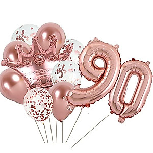 KUNGOON 90th Birthday Balloon,Rose Gold Number 90 Mylar Balloon,Funny 90th Birthday/Wedding Anniversary Crown Aluminum Foil Balloon Decoration for Women/Men.