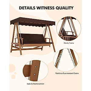 GarveeLife Wooden Patio Swing with Adjustable Canopy, 3-Seater Wood Patio Swing Bench with Removable Cushion, Patio Swing Glider with Flatbed for Backyard Garden Balcony Poolside, Brown