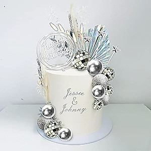 Disco Balls Cake Toppers Mirror Balls with Boho Stars Cake Decorations for 70s 80s Disco Dance Party Saturday Night Fever Supplies (Silver)