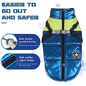 BAEJMJK Dog Reflective Winter Coat with Harness Warm Cold Weather Jacket for Small Medium Dogs Zip Up Turtleneck Puppy Vest with D-Ring Waterproof Windproof Dog Winter Clothes(Blue，2X-Large)