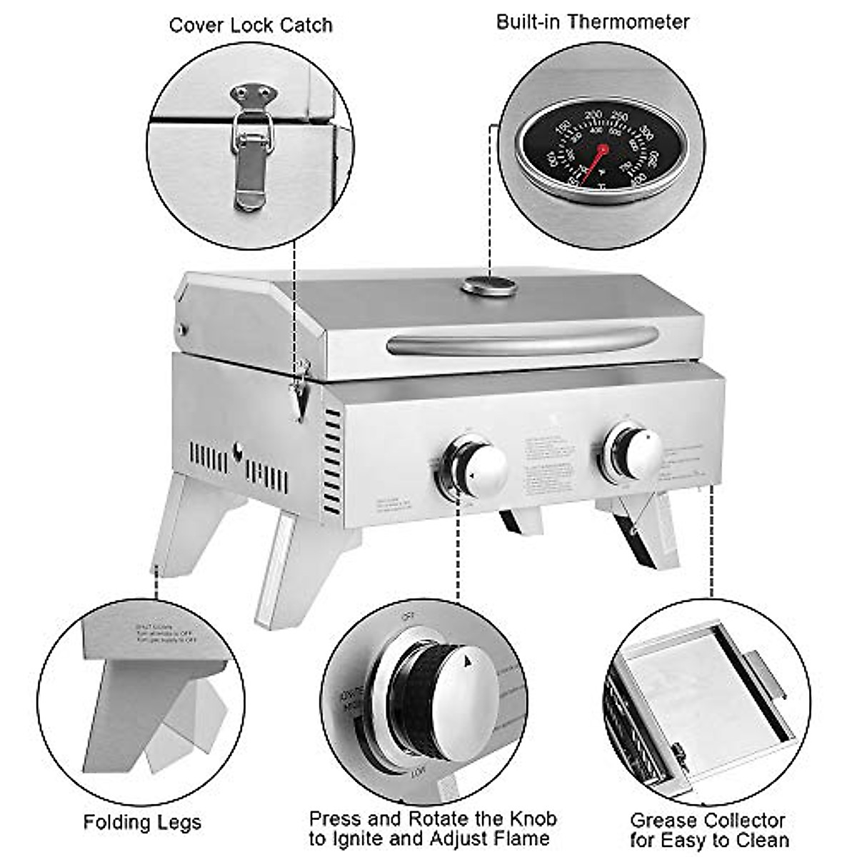 Propane Tabletop Grill, Two-Burner, Stainless Steel Gas Grill Portable 2000 BTU BBQ Grid with Foldable Legs for Outdoor Camping Picnic EASY SETUP