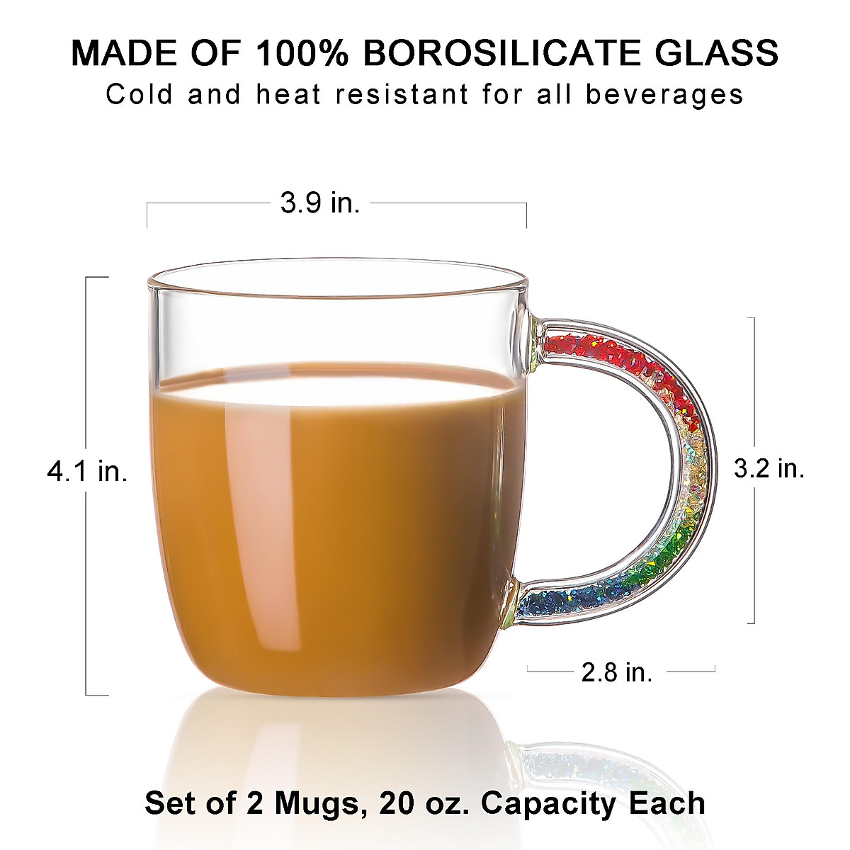 Aquach Large Glass Mugs Set of 2, Each 20oz Capacity with Handle Clear Glass Coffee, Tea, Beverage Cups