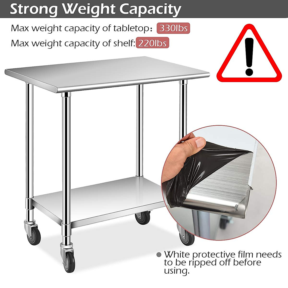 Giantex 36 × 24 Inches Stainless Steel Table w/ 4 Caster Wheels, Commercial Work Prep Table with Adjustable Lower Galvanized Shelf, Heavy Duty Metal Table for Restaurant, Kitchen