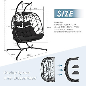 NICESOUL® 2 Seater Egg Swing Chair with Stand Double Person Outdoor Swing 510Lbs Capacity Large Black Hanging Chair Two Person Gray Rattan Black Olefin Cushions 510lbs Capacity
