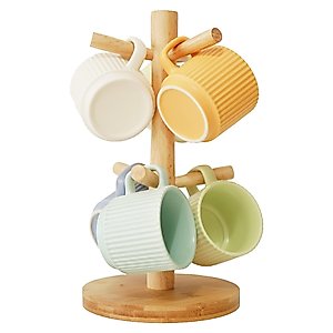 E-ROOM TREND Mug Holder 1 Pack Dia 6.7" Large Thicken Base Steady Wood Coffee Cup Rack with 6 Hooks Stand for Countertop Coffee Bar Accessories and Decor Coffee Organizer Station(MH171)