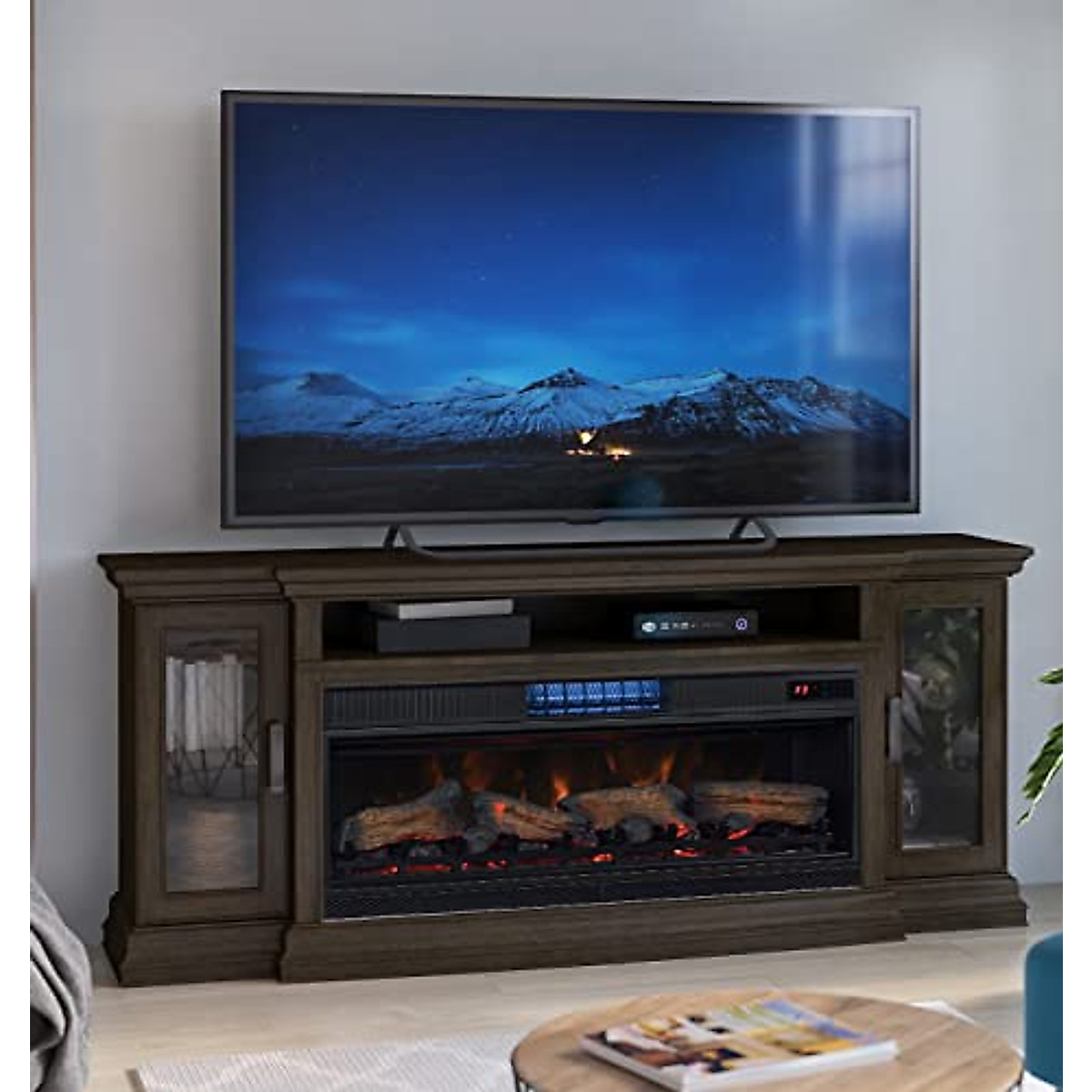 ClassicFlame 72" CoolGlow TV Stand with Electric Fireplace, 72.0" W x 17.38" D x 30.13" H, Buxton Brown