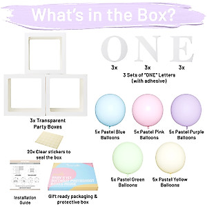 One Boxes for 1st Birthday WITH 24 Balloons for 1 Year Old Party - Baby first Birthday Decorations Clear Cube Blocks 'ONE' Letters as Cake Smash Photoshoot Props in Pastels Rainbow Unicorn Theme