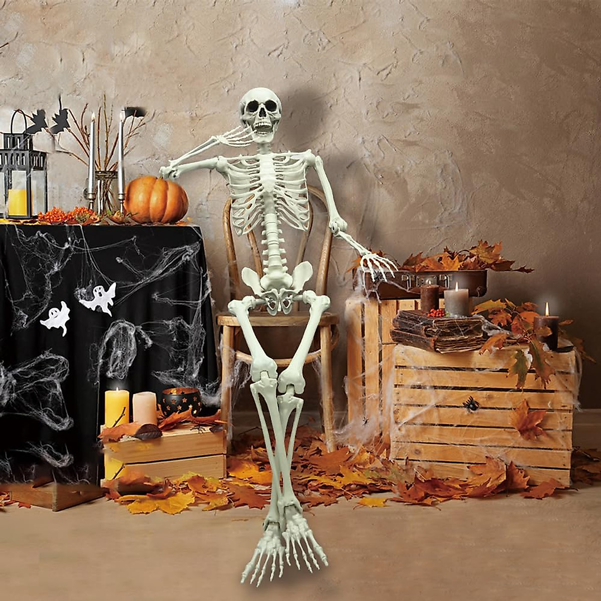 Halloween Skeleton, Full Size Skeleton Skull Decor with Movable Posable Joints for Halloween Front Yard Patio Lawn Garden Props Spooky Party Decoration